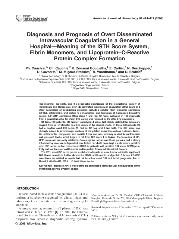 (PDF) Diagnosis and prognosis of overt disseminated intravascular ...
