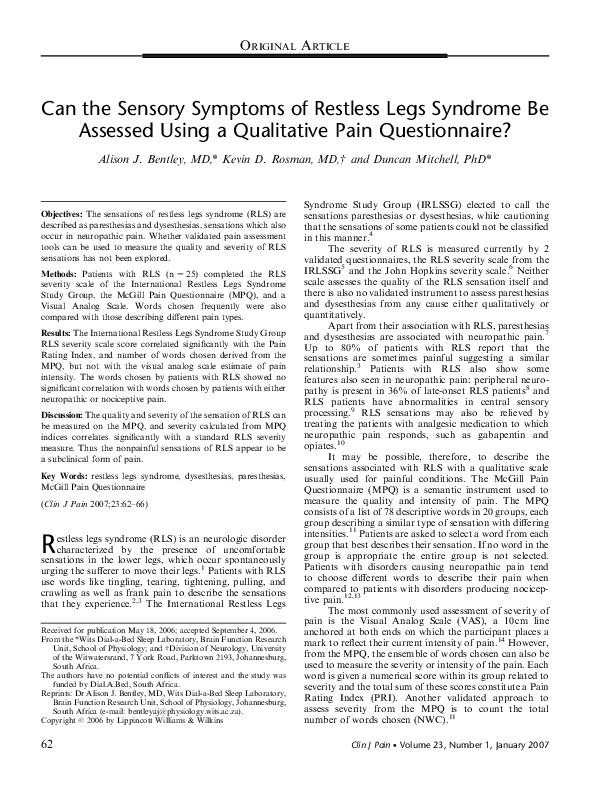 (PDF) Can the Sensory Symptoms of Restless Legs Syndrome Be Assessed ...