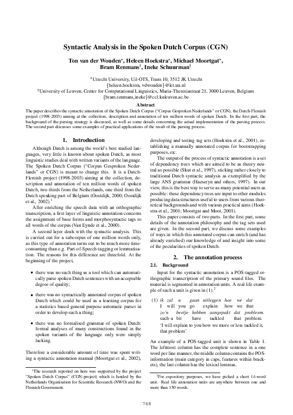 (PDF) Syntactic analysis in the spoken dutch corpus (CGN) | Ineke ...