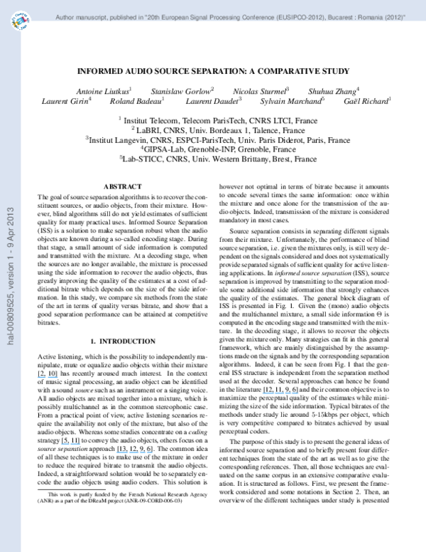(PDF) Informed audio source separation: A comparative study