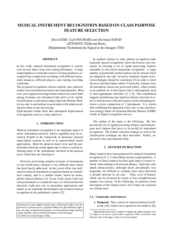 (PDF) Musical instrument recognition based on class pairwise feature ...