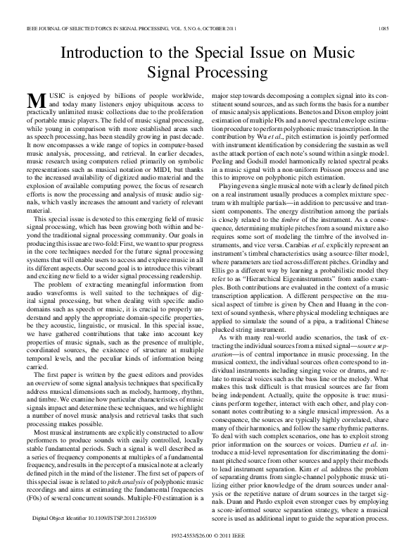 (PDF) Introduction to the Special Issue on Music Signal Processing