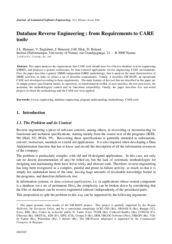(PDF) Database Reverse Engineering: From Requirements to CARE Tools