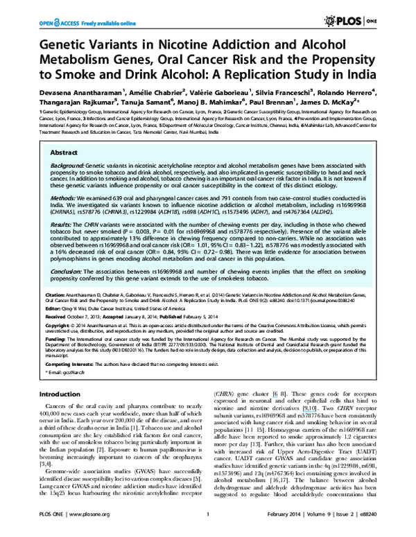 (PDF) Genetic variants in nicotine addiction and alcohol metabolism ...