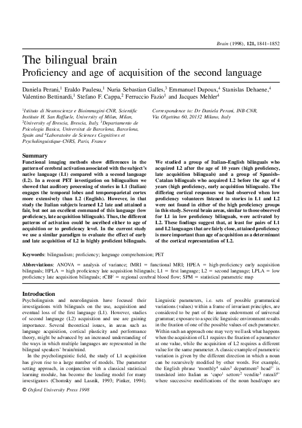 (PDF) The bilingual brain. Proficiency and age of acquisition of the ...