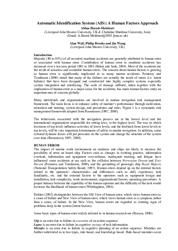 Pdf Automatic Identification System Ais A Human Factors Approach