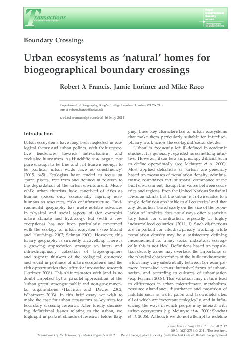 (PDF) Urban ecosystems as ‘natural’ homes for biogeographical boundary crossings