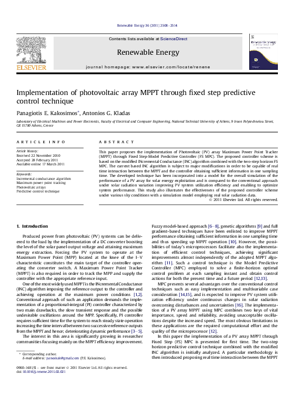(PDF) Implementation of photovoltaic array MPPT through fixed step predictive control technique