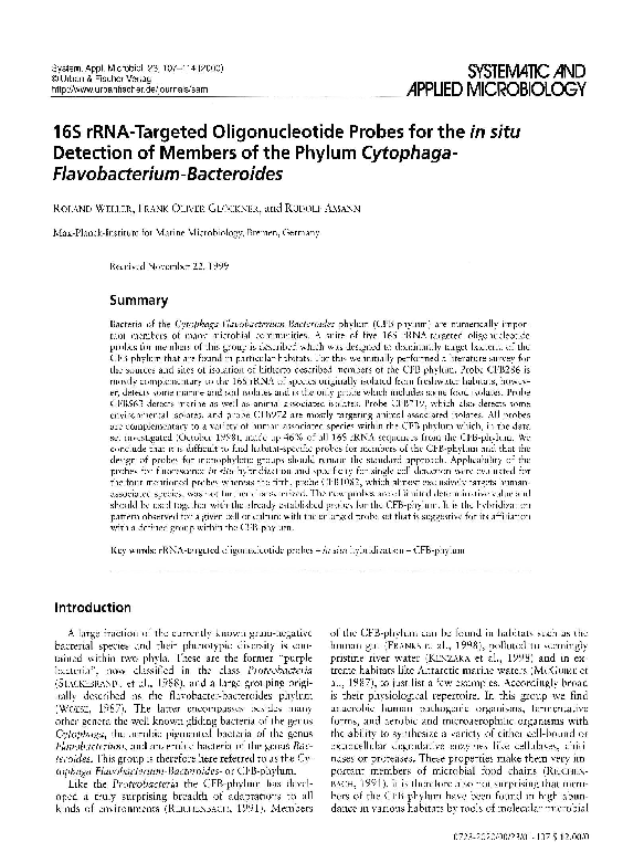 (PDF) 16S rRNA-targeted oligonucleotide probes for the in situ detection of members of the ...