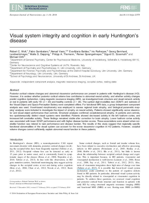 (PDF) Visual system integrity and cognition in early Huntington's disease