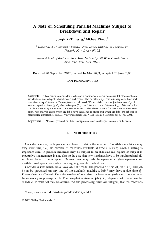 (PDF) A note on scheduling parallel machines subject to breakdown and ...