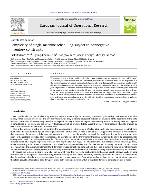 (PDF) Complexity of single machine scheduling subject to nonnegative inventory constraints