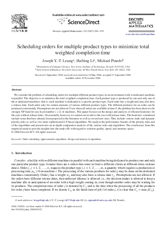 (PDF) Scheduling orders for multiple product types to minimize total weighted completion time