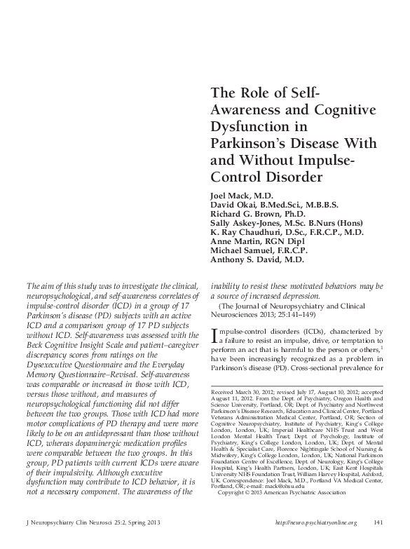 (PDF) The Role of Self-Awareness and Cognitive Dysfunction in Parkinson ...