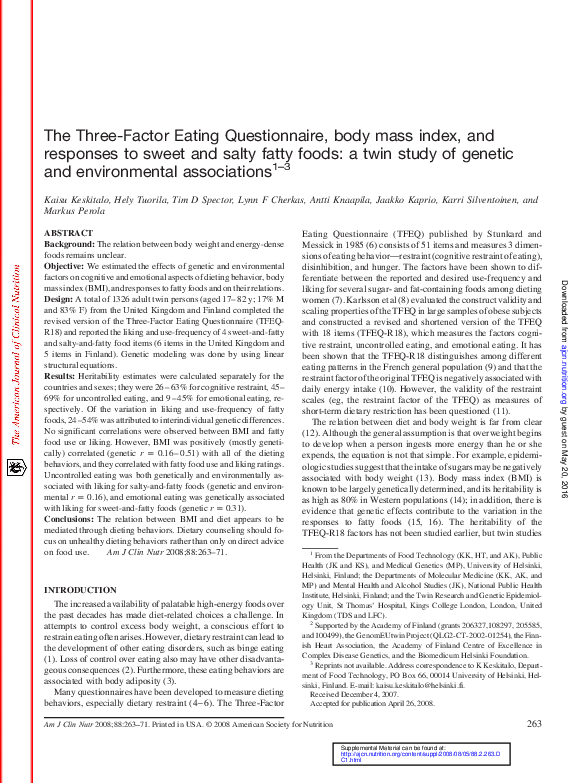 (PDF) The Three-Factor Eating Questionnaire, body mass index, and ...