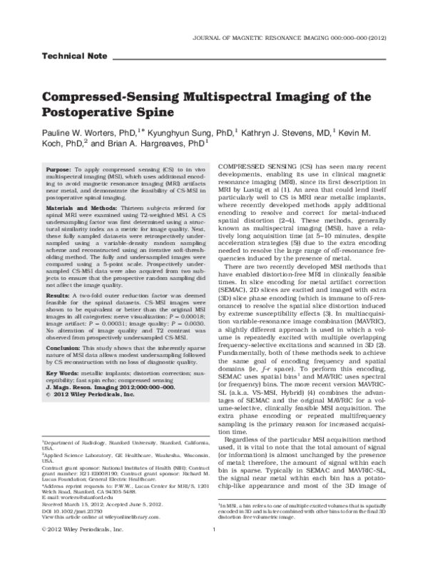 Pdf Compressed Sensing Multispectral Imaging Of The Postoperative Spine