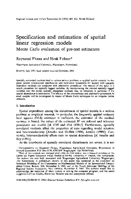 Pdf Specification And Estimation Of Spatial Linear Regression Models