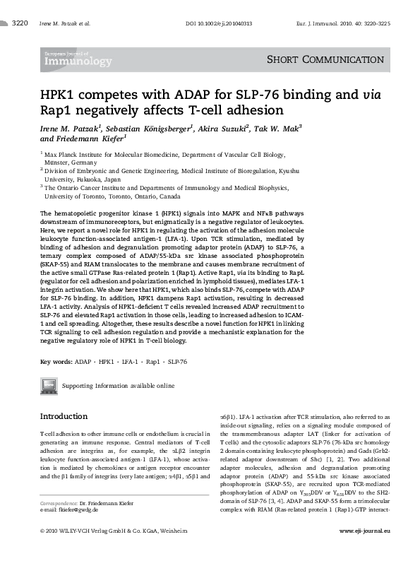 (PDF) HPK1 competes with ADAP for SLP-76 binding and via Rap1 ...