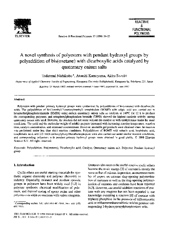 (PDF) A novel synthesis of polyesters with pendant hydroxyl groups by ...