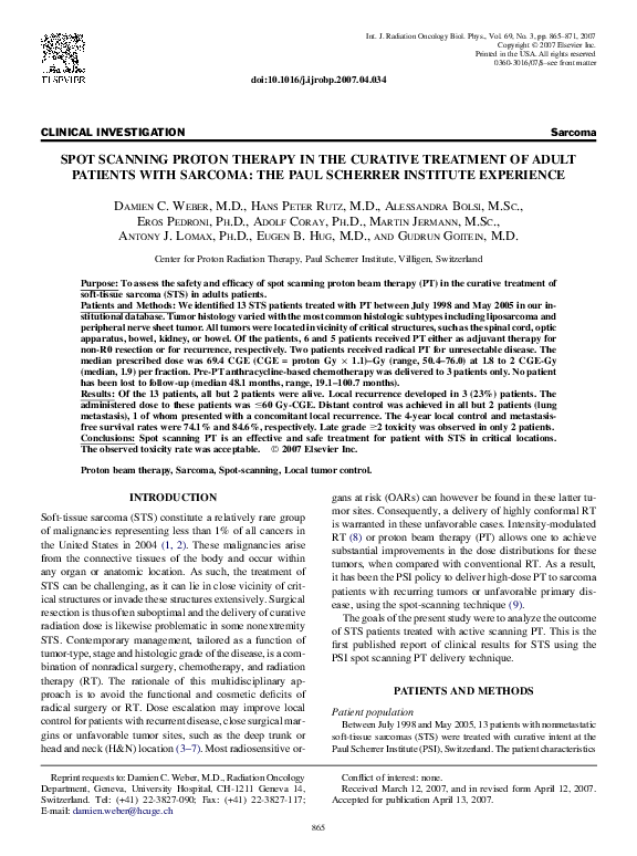 (PDF) Spot Scanning Proton Therapy for Adult Soft Tissue Sarcoma