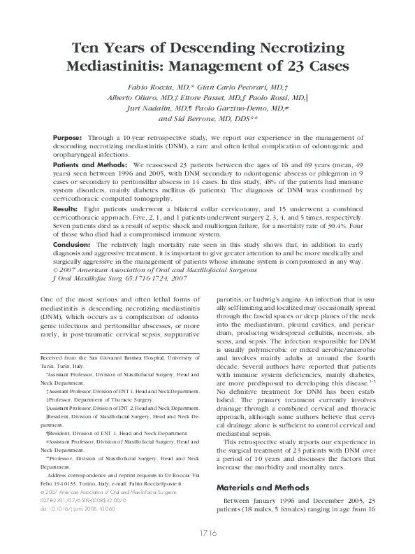 (PDF) Ten Years of Descending Necrotizing Mediastinitis: Management of 23 Cases