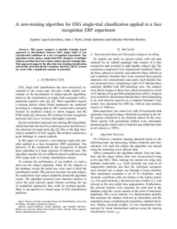 Pdf A Zero Training Algorithm For Eeg Single Trial Classification Applied To A Face
