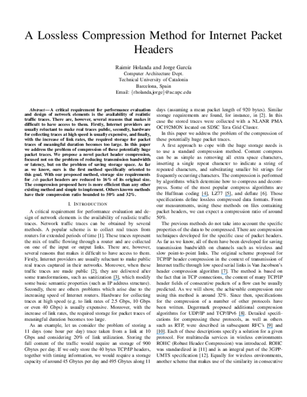 (PDF) A lossless compression method for internet packet headers