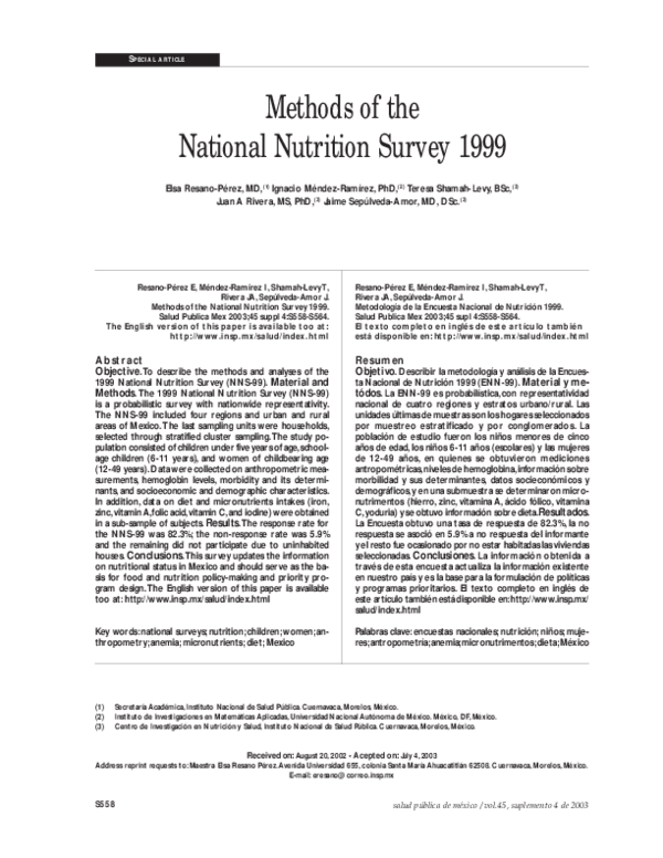 (PDF) Methods of the National Nutrition Survey 1999
