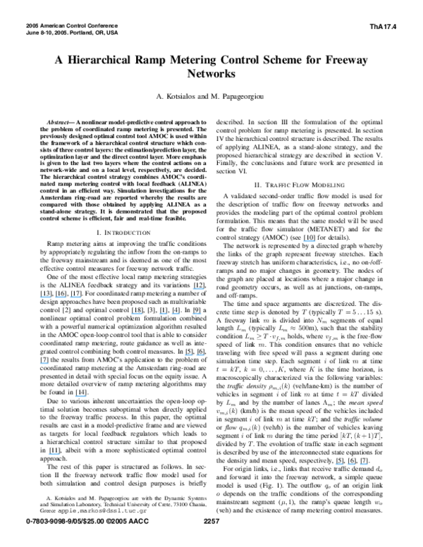 Pdf A Hierarchical Ramp Metering Control Scheme For Freeway Networks