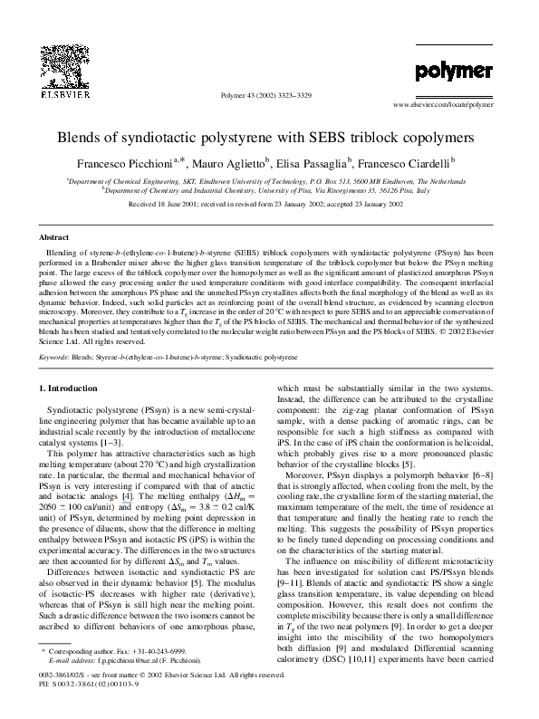 (PDF) Blends of syndiotactic polystyrene with SEBS triblock copolymers