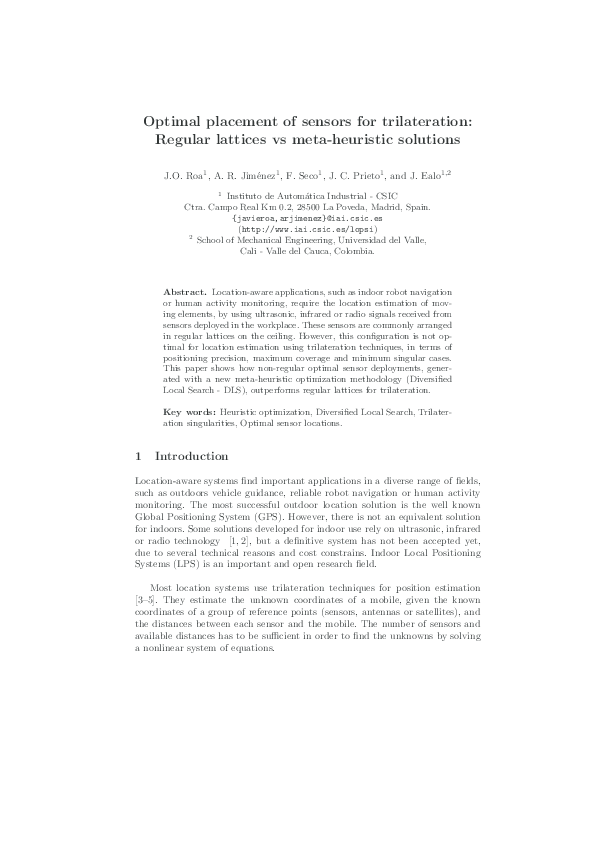 Pdf Optimizing Sensor Placement For Trilateration