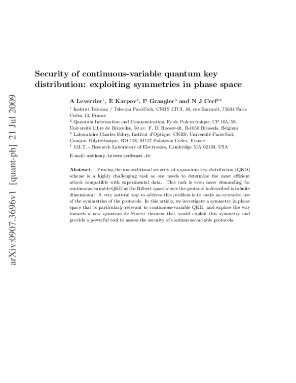 (PDF) Security of continuous-variable quantum key distribution: towards a de Finetti theorem for ...