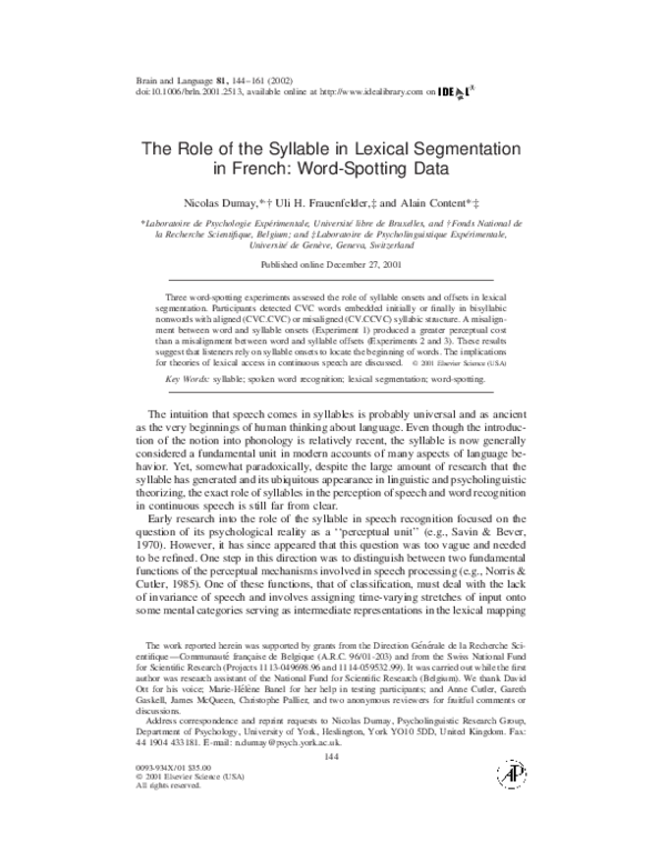 The role of the syllable in lexical segmentation in French: Word ...