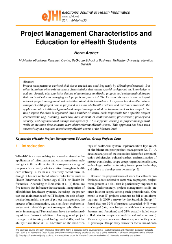 (PDF) Project Management Characteristics and Education for eHealth Students
