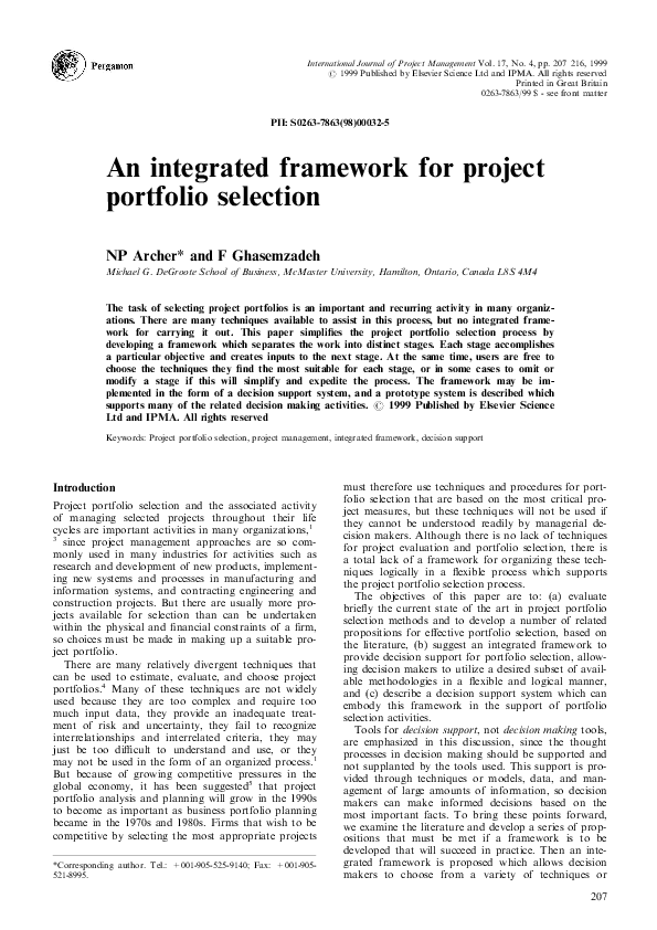 Pdf An Integrated Framework For Project Portfolio Selection 