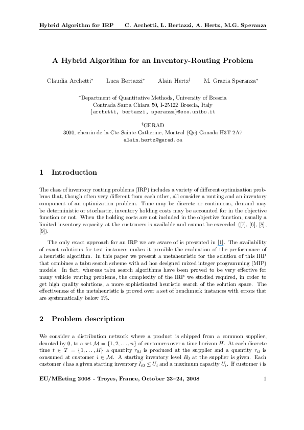 Pdf A Hybrid Algorithm For An Inventory Routing Problem Mgrazia