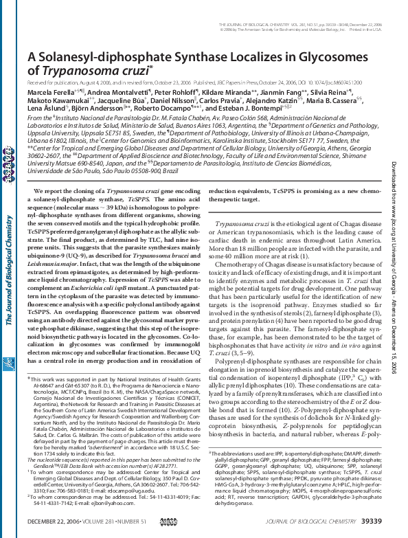 (PDF) A Solanesyl-diphosphate Synthase Localizes in Glycosomes of ...