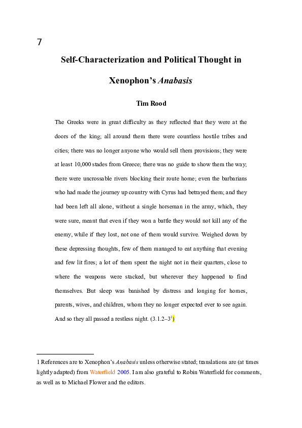 (DOC) Self-Characterization and Political Thought in Xenophon’s Anabasis