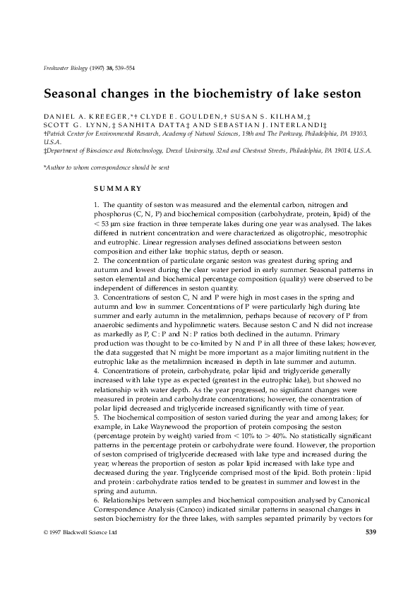 (PDF) Seasonal changes in the biochemistry of lake seston