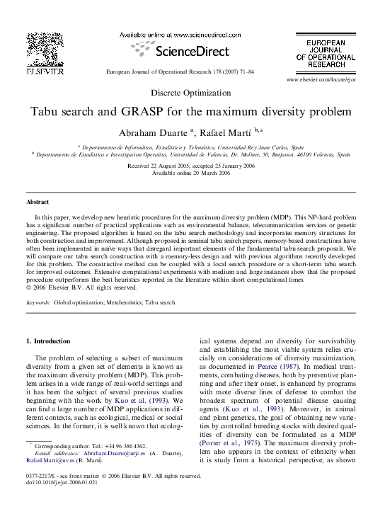 (PDF) Tabu search and GRASP for the maximum diversity problem