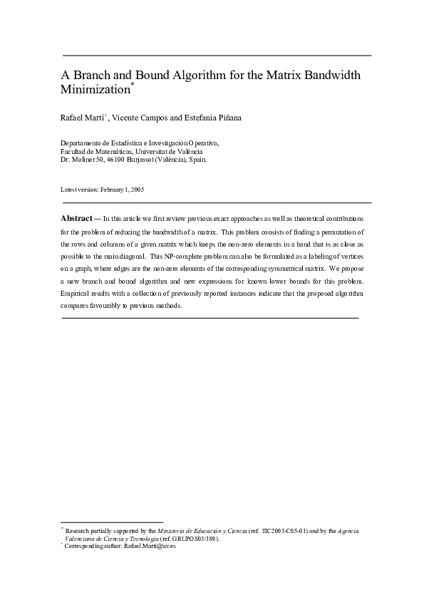 Pdf A Branch And Bound Algorithm For The Matrix Bandwidth Minimization