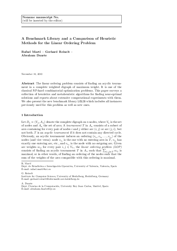 (PDF) A benchmark library and a comparison of heuristic methods for the linear ordering problem