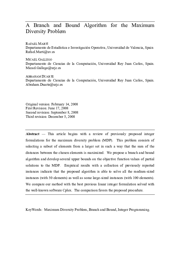 (PDF) A branch and bound algorithm for the maximum diversity problem