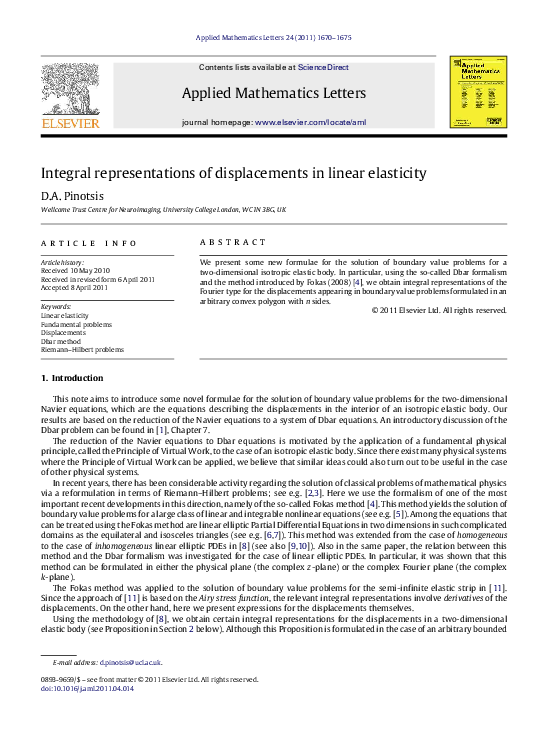 (PDF) Integral representations of displacements in linear elasticity