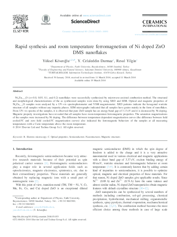 (PDF) Rapid synthesis and room temperature ferromagnetism of Ni doped ZnO DMS nanoflakes