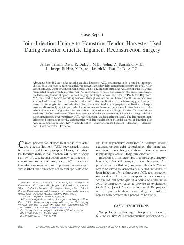 (PDF) Joint Infection Unique to Hamstring Tendon Harvester Used During ...
