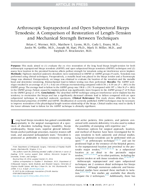 (PDF) Arthroscopic Suprapectoral and Open Subpectoral Biceps Tenodesis ...