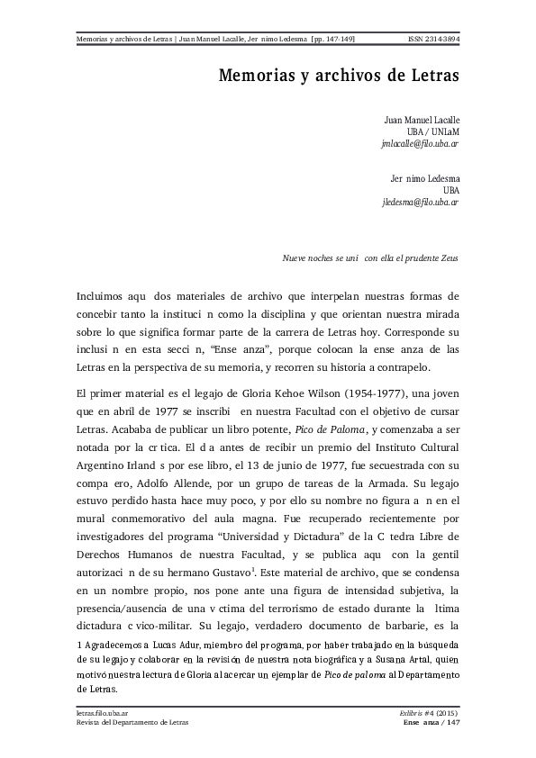 Memorias y archivos de Letras: presentación