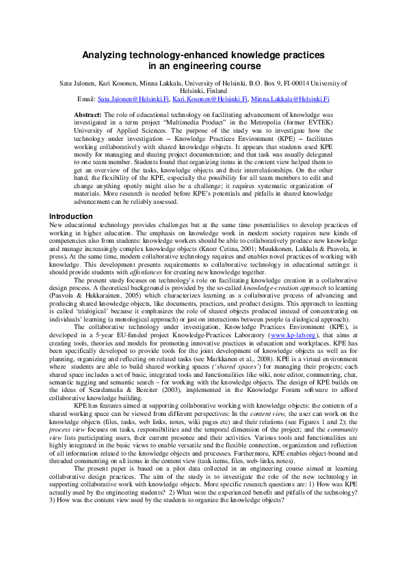(PDF) Analyzing technology-enhanced knowledge practices in an ...