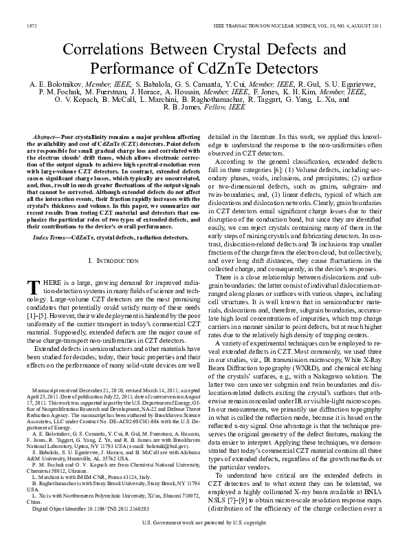 Pdf Correlations Between Crystal Defects And Performance Of Cdznte Detectors